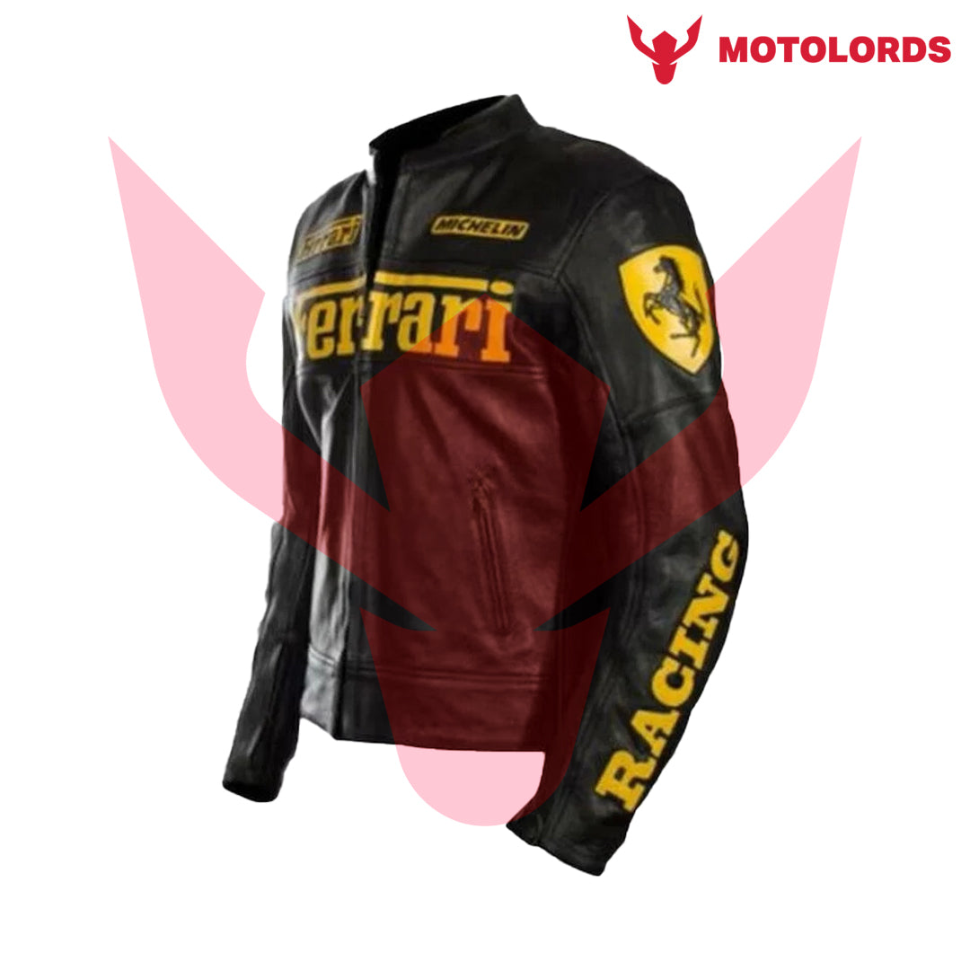 Ferrari Black and Yellow Padded Genuine Men's Leather Jacket On Sale ...